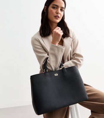Black Leather Look Laptop Tote Bag New Look