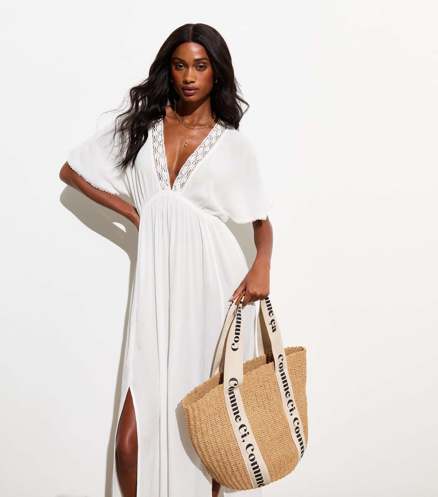 White V Neck Lace Trim Short Sleeved Midi Dress New Look