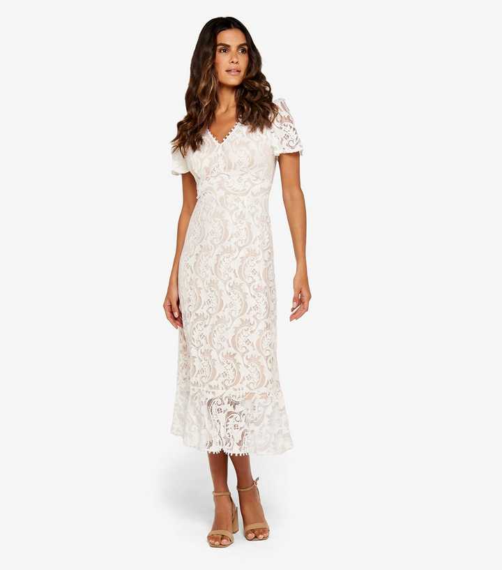 V Neck White Lace Dress Short Fitted Lace Dress With Sleeves. 008192