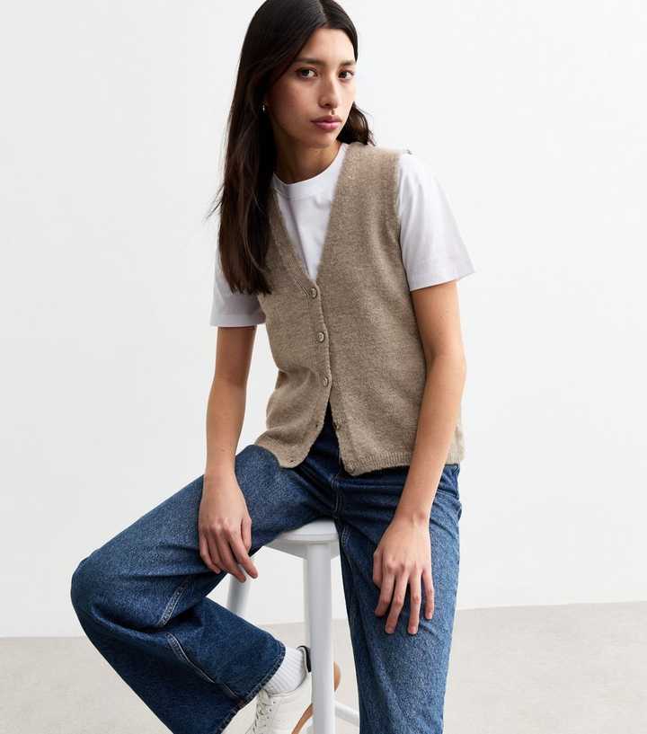 Light Brown Button Knit Waistcoat | New Look
