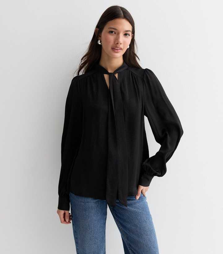 Gini London Black Tie Neck Blouse | New Look