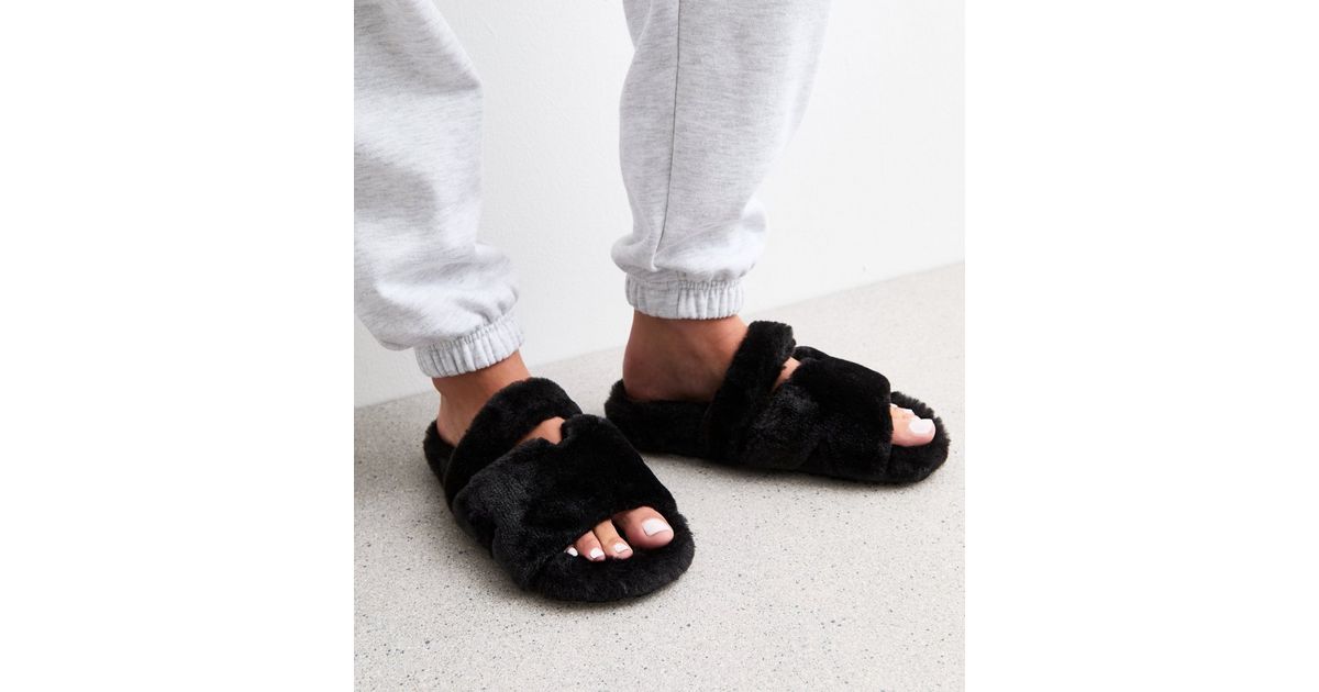 Black Double Strap Faux Fur Slippers | New Look