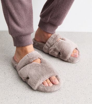 Grey Double Strap Faux Fur Slippers | New Look