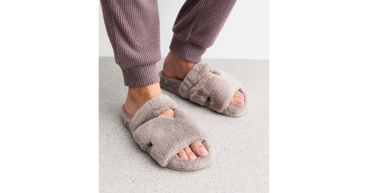 Grey Double Strap Faux Fur Slippers | New Look