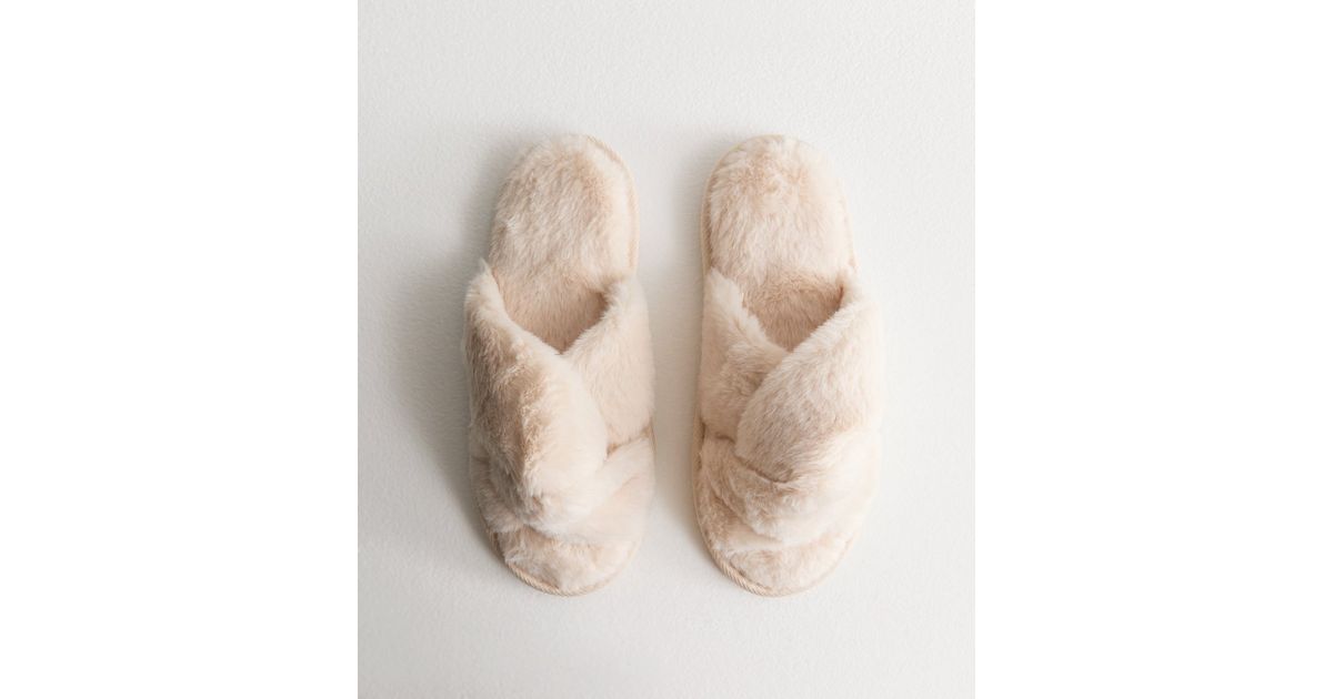 Off White Faux Fur Twisted Strap Slippers | New Look