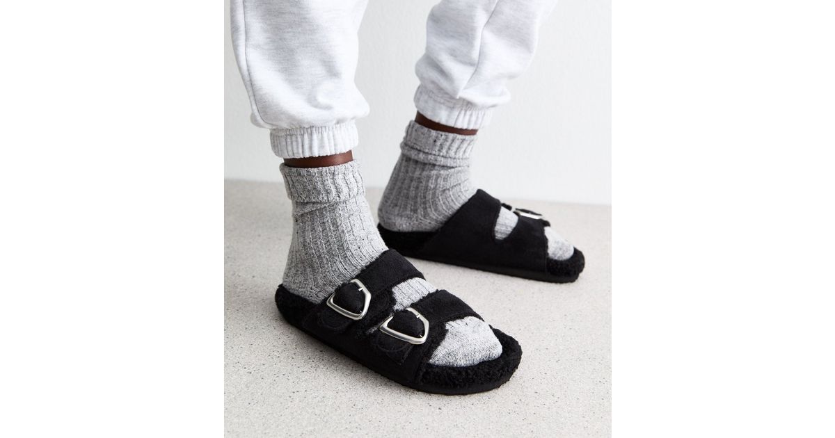 Black Borg Buckled Double Strap Slider Slippers | New Look