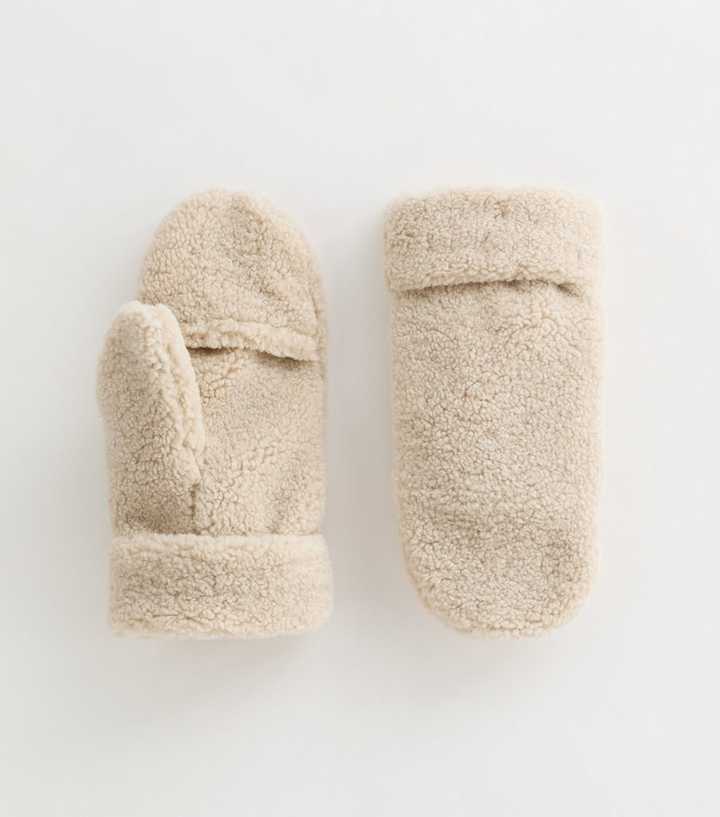 Cream Borg Mittens | New Look