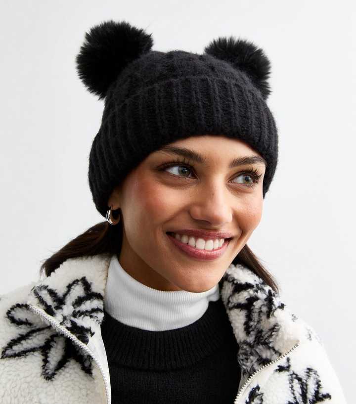 Black Double Pom Pom Cable Knit Beanie Hat | New Look