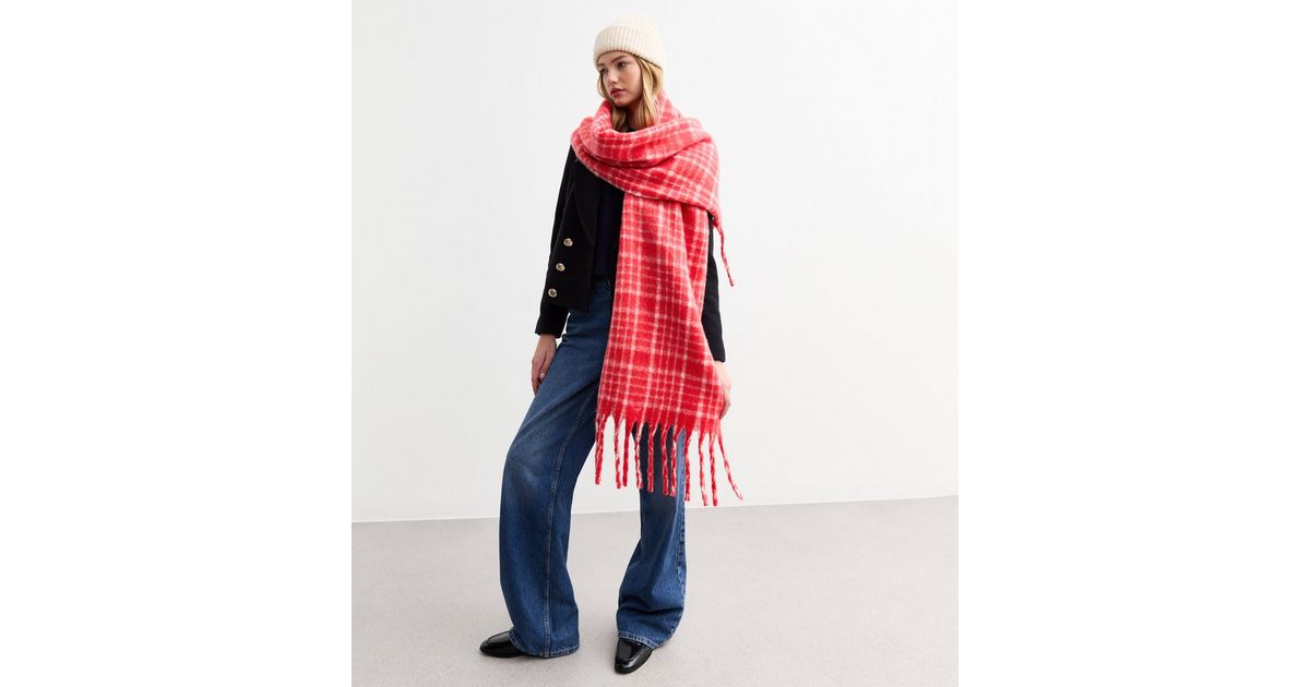 Red Soft Knit Checked Scarf | New Look