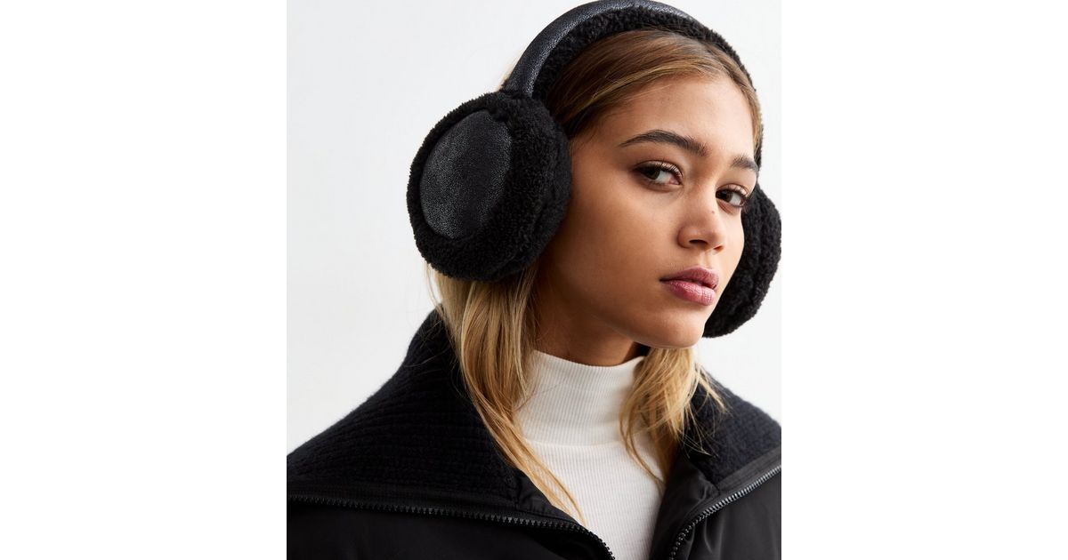Black Metallic Faux Suede Shearling Earmuffs | New Look