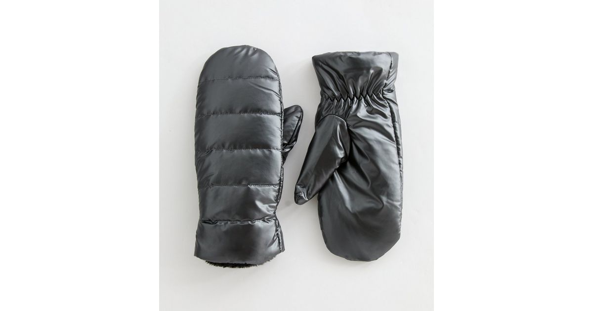 Grey Shiny Faux Fur Lined Puffer Mittens | New Look