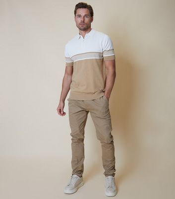 Threadbare Stone Colourblock Knit Zip Polo Shirt | New Look