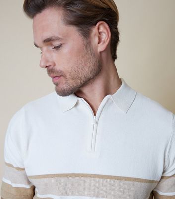 Threadbare Stone Colourblock Knit Zip Polo Shirt | New Look