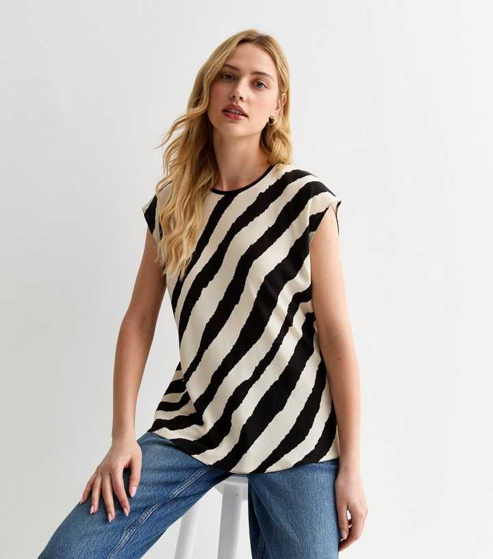 Off White Diagonal Stripe Cap Sleeve Top | New Look