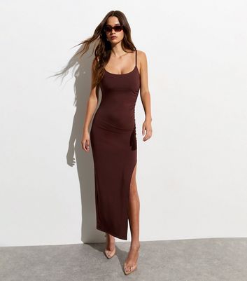 Dark Brown Ruched Side Strappy Midi Dress | New Look