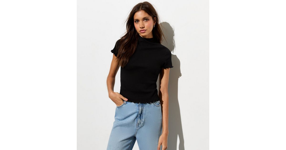 Black Ribbed Stand Neck Short Sleeve Top | New Look