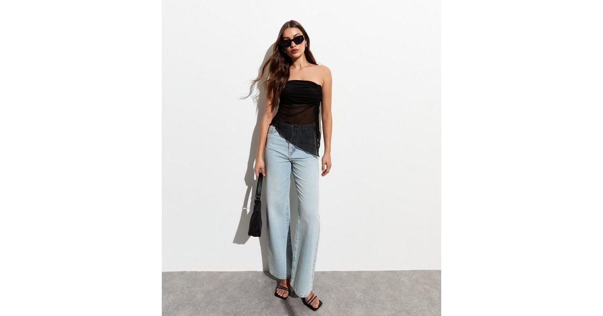 Black Mesh Ruched Bandeau Top | New Look