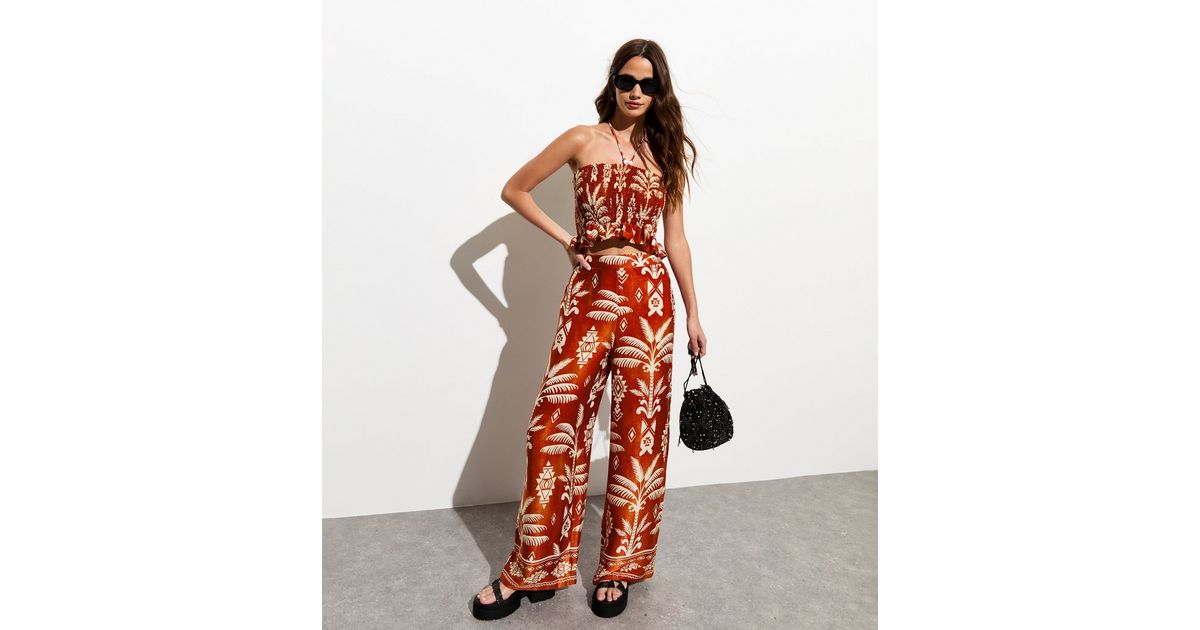 Rust Tropical Print Satin Wide Leg Trousers | New Look