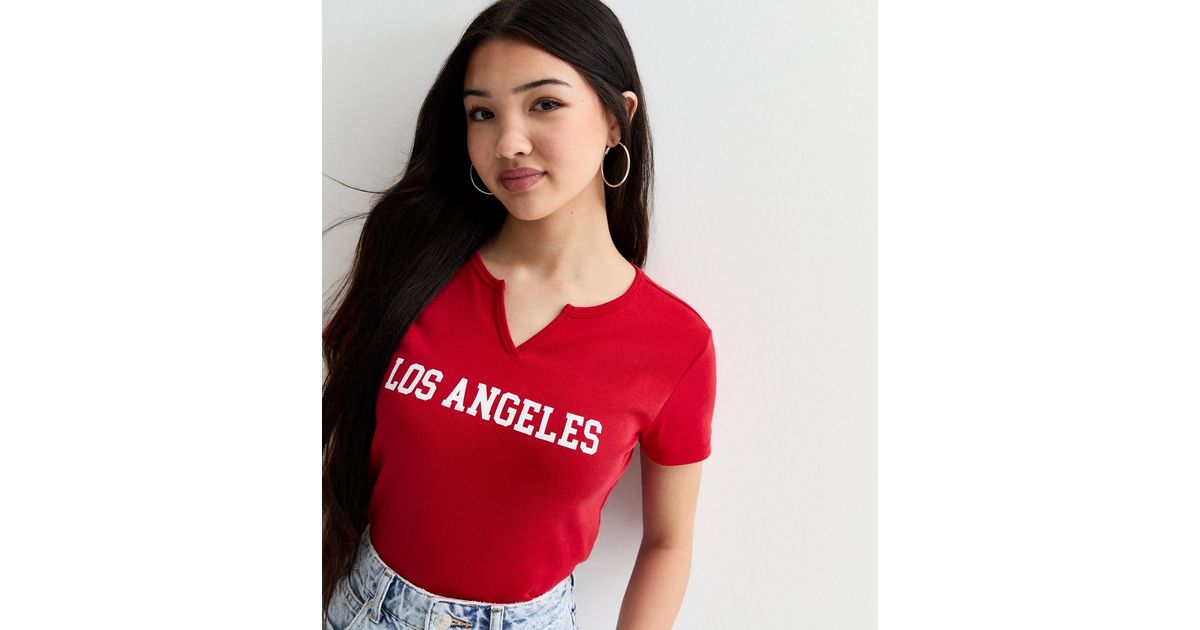 Girls Red Cotton Slitted Graphic Slogan Print T-Shirt | New Look