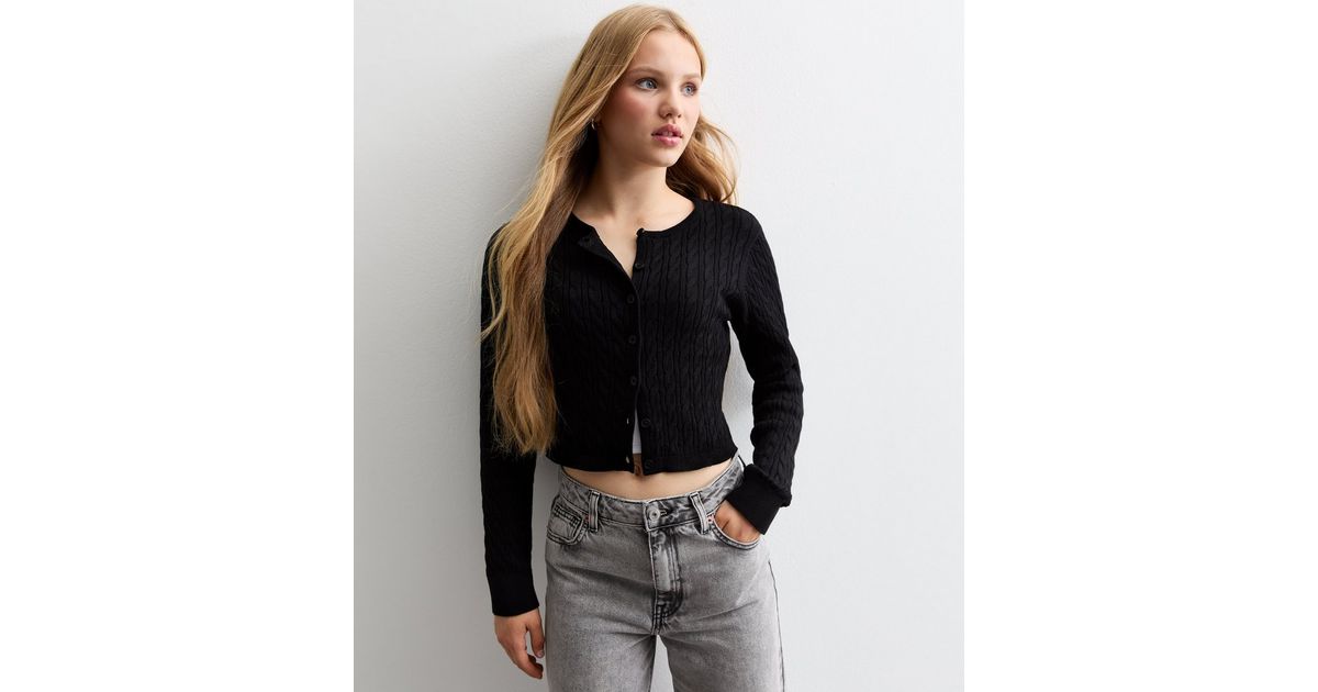 Girls Black Cotton Cable Knit Crew Neck Cardigan | New Look