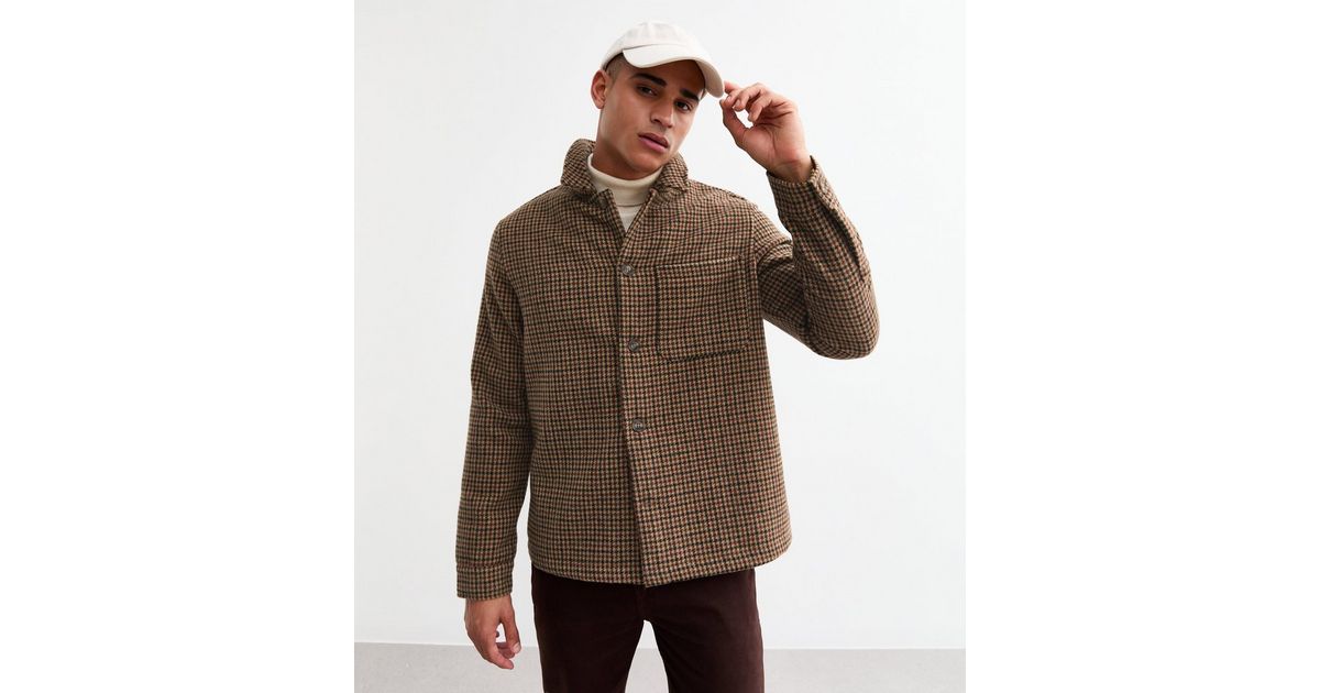 Brown Regular Brushed Patch Pocket Houndstooth Overshirt | New Look