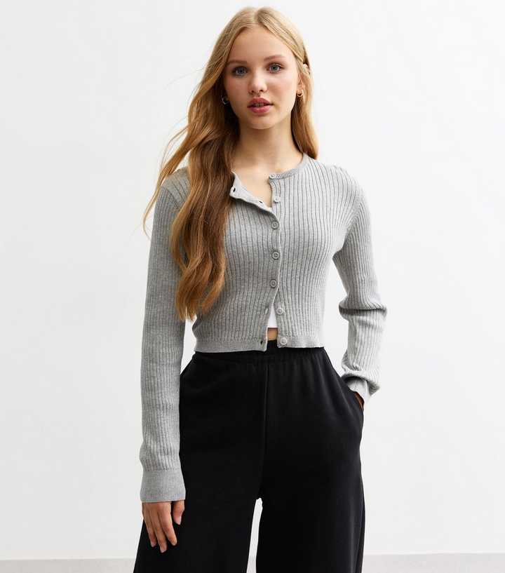 Girls Grey Ribbed Cotton Crew Neck Cardigan | New Look