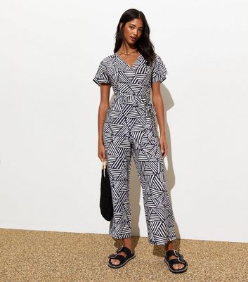 Blue Geometric-Print V-Neck Wrap-Front Jumpsuit | New Look