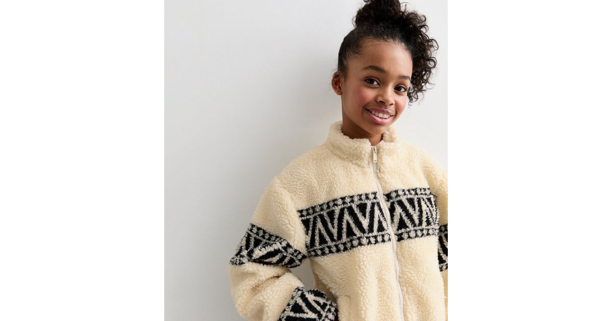 Girls Cream Pattern Trim Borg Jacket | New Look