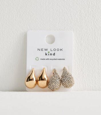 2 Pack Gold Plain and Diamanté Teardrop Stud Earrings | New Look