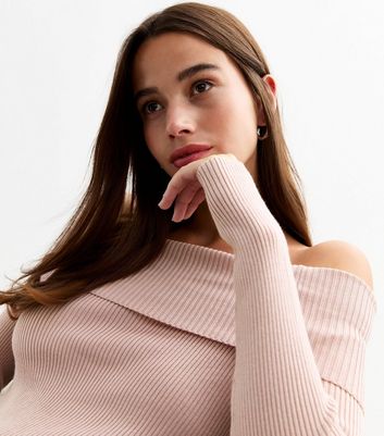 Pink Rib Knit Foldover Bardot Jumper | New Look
