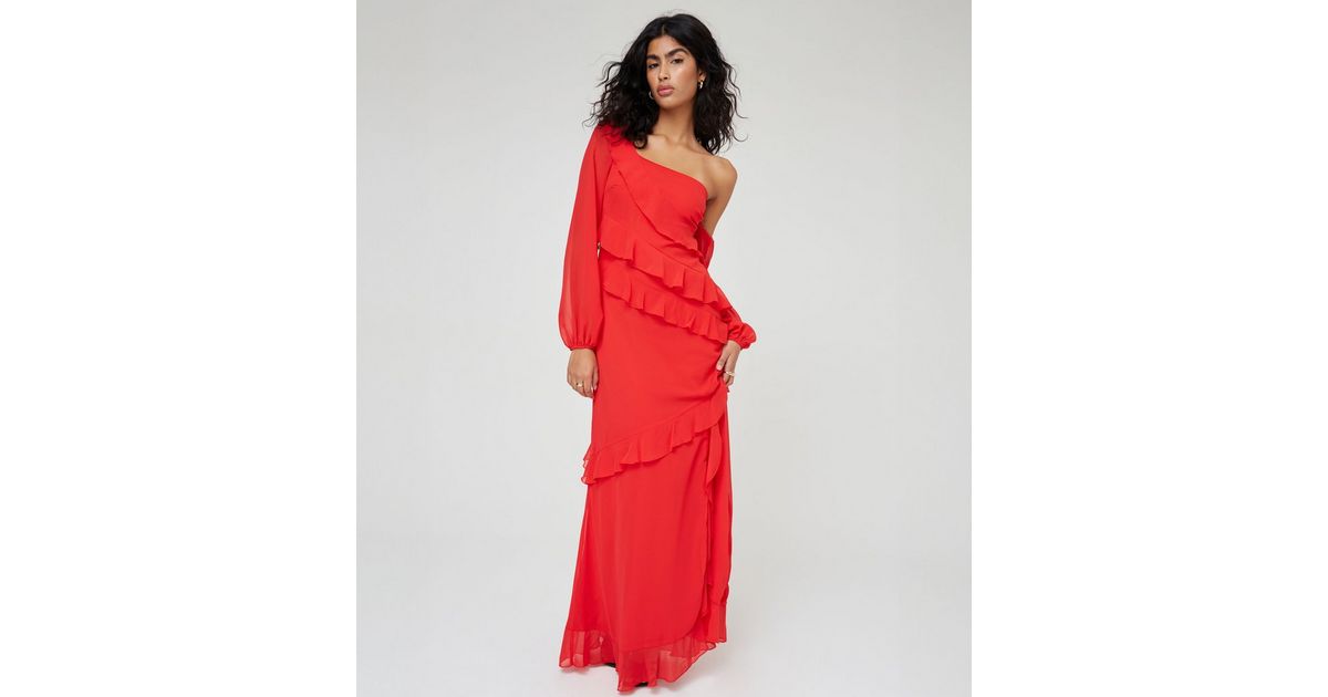 WKNDGIRL Red One Shoulder Ruffle Maxi Dress | New Look