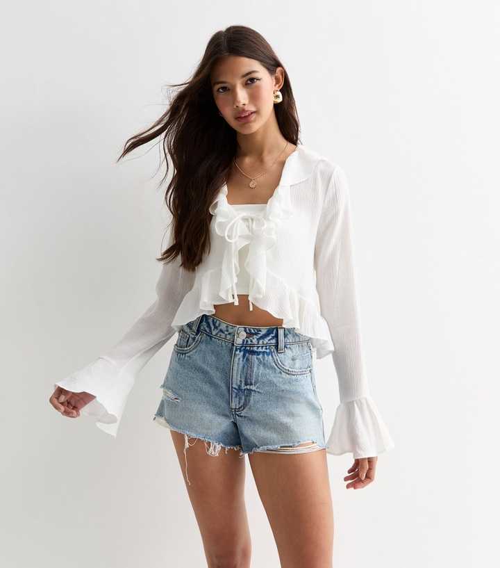 White Crinkled Ruffle-Trim Long-Sleeved Top | New Look