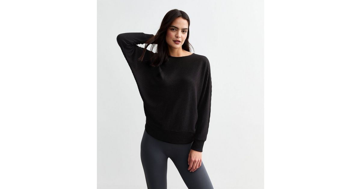 Black Ribbed Soft Touch Batwing Sleeve Top | New Look