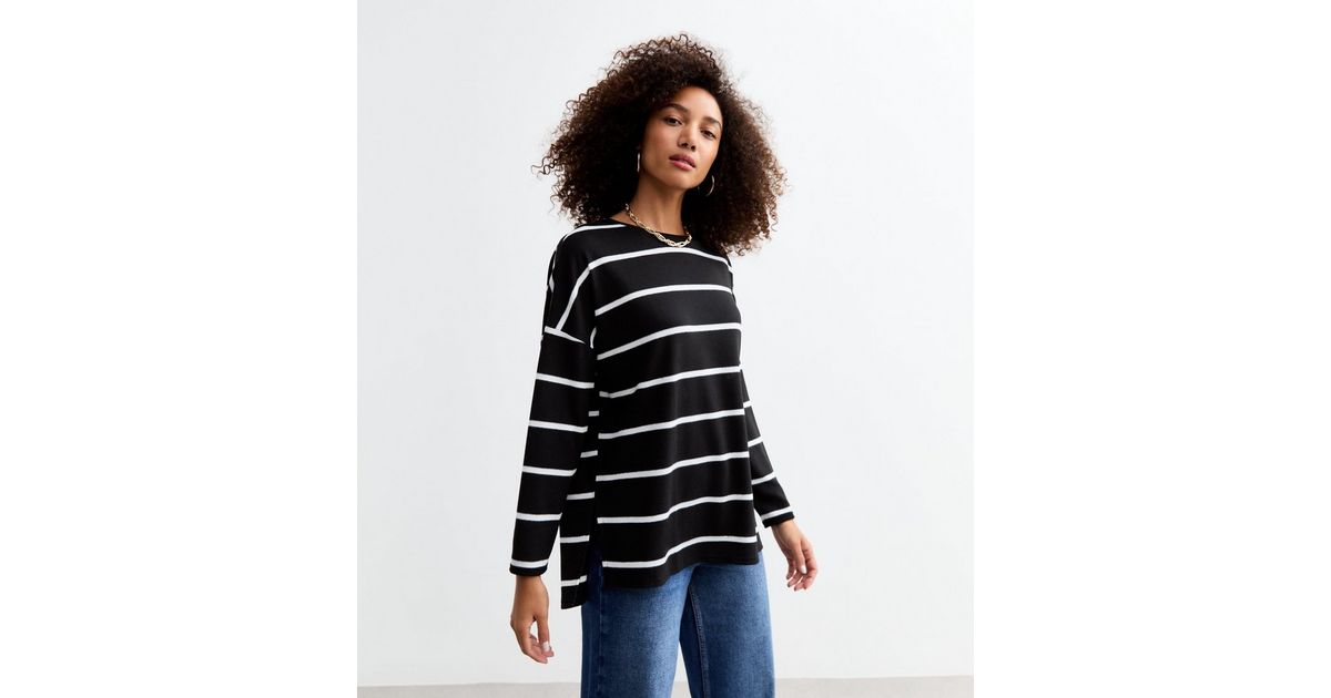 Black Soft Touch Striped Side Slit Long Sleeve Top | New Look