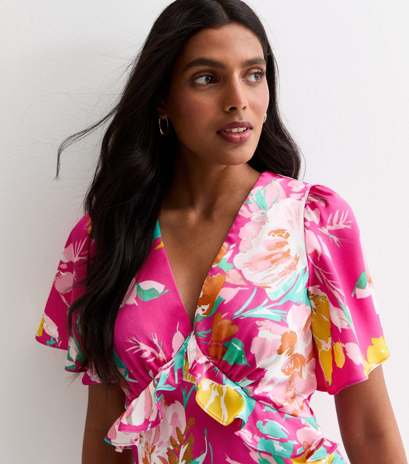 Gini London Pink Floral Ruffle Midi Dress New Look