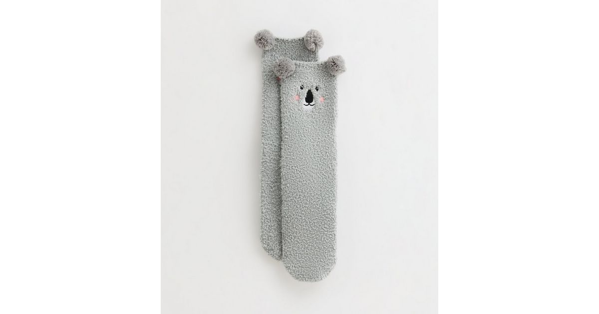 Grey Koala Cosy Socks with Pom Poms | New Look