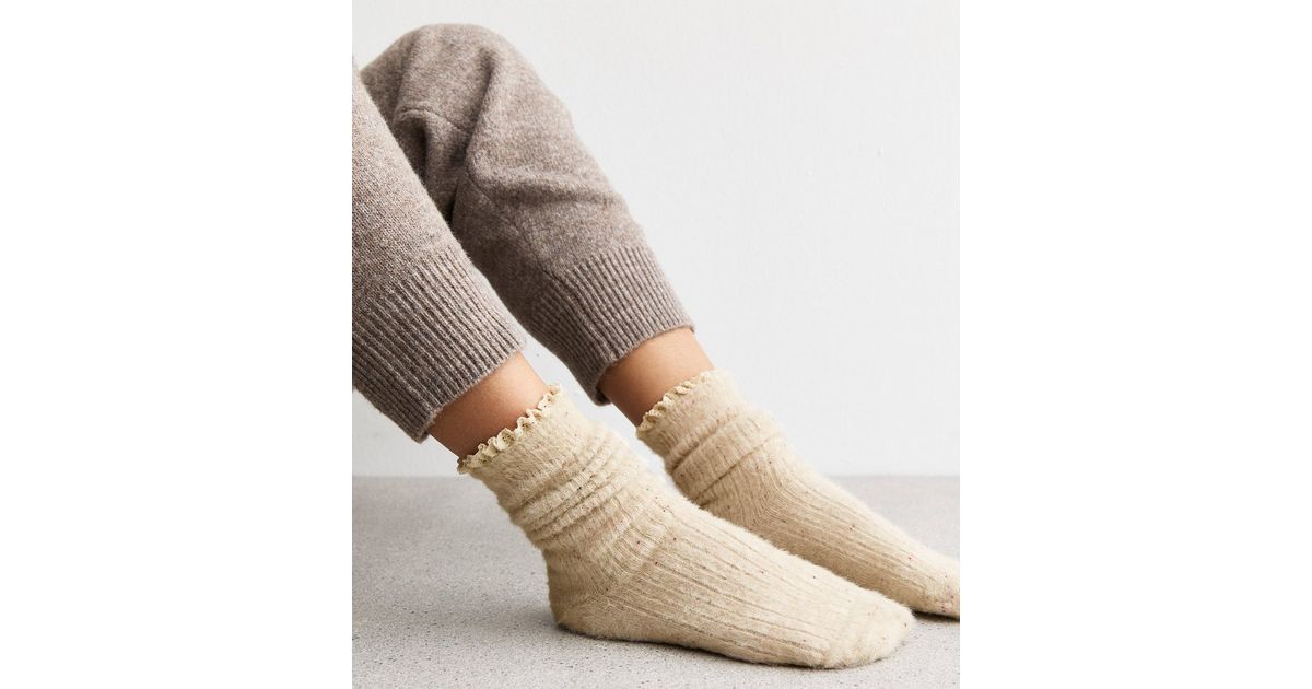 Cream Fluffy Lace Trim Lounge Socks | New Look
