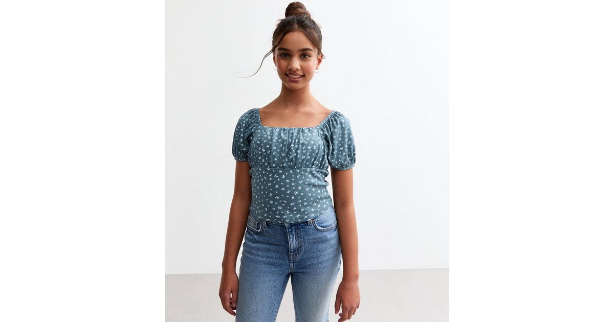 Blue Ditsy Floral Ribbed Puff Sleeve Top | New Look