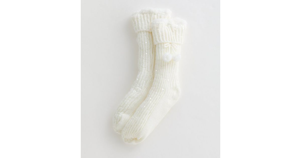 Cream Sequin Embellished Rib Knit Cosy Bootie Socks | New Look