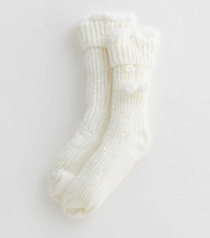 Cream Sequin Embellished Rib Knit Cosy Bootie Socks | New Look