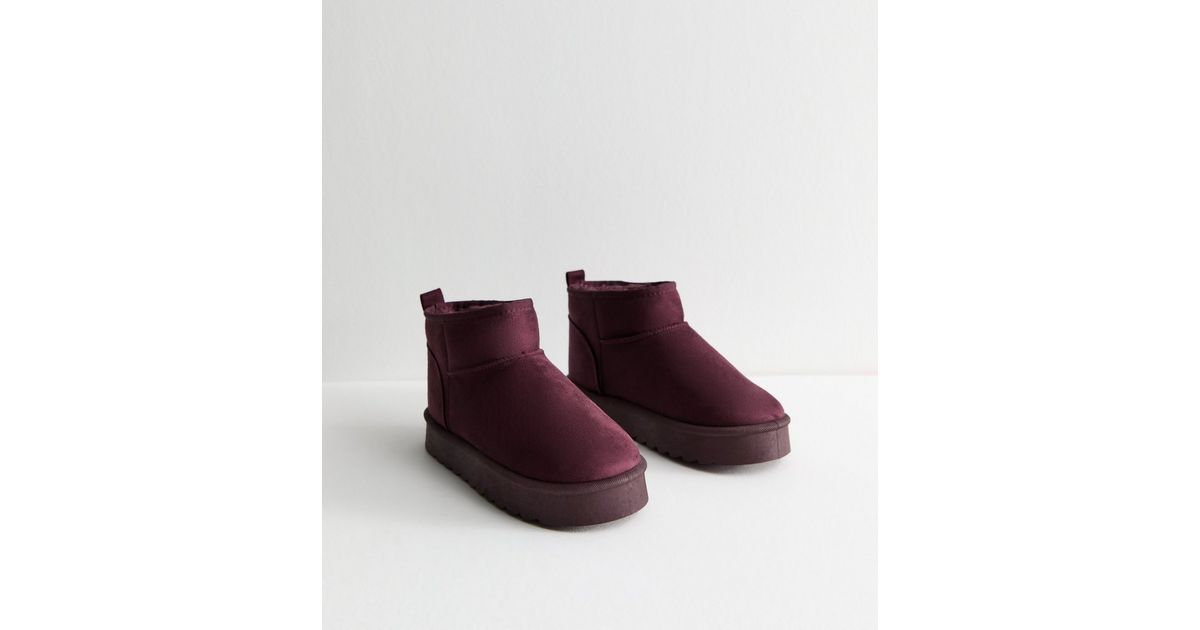 Burgundy Faux Suede Faux Fur-Lined Chunky Boots | New Look