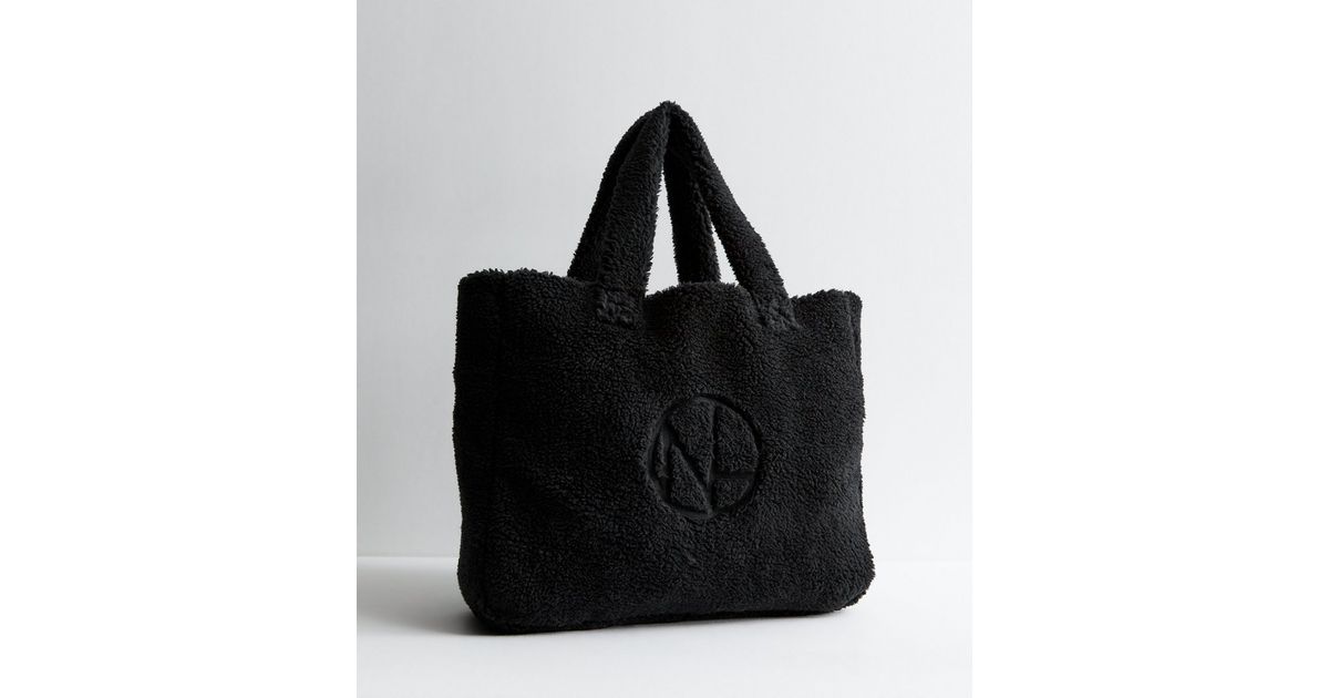 Black Oversized Borg Tote Bag | New Look