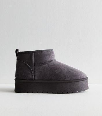 Grey Suedette Faux Fur Lined Chunky Flatform Boots New Look