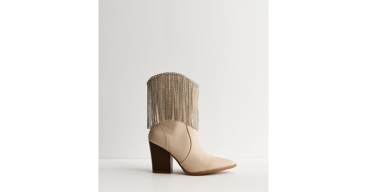 Truffle Off White Diamanté Cowboy Boots | New Look