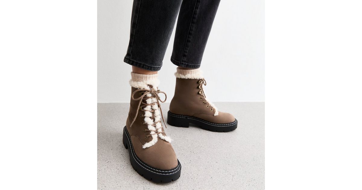 Wide Fit Brown Faux Fur Lace Up Ankle Boots | New Look
