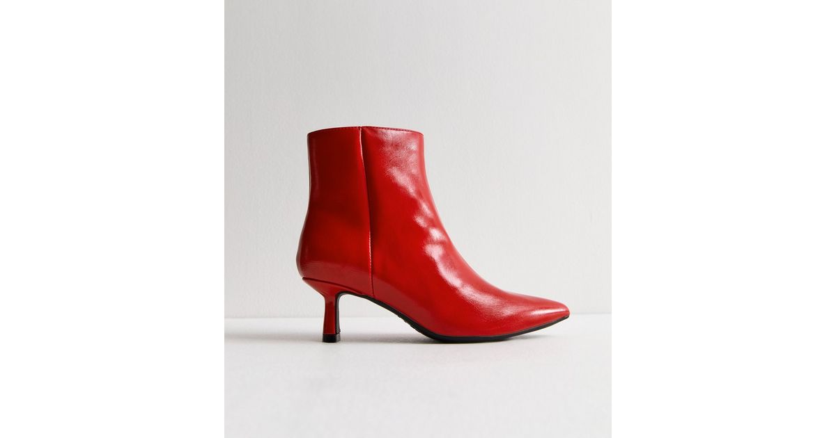 Red Faux Leather Kitten Heel Pointed Toe Ankle Boots | New Look