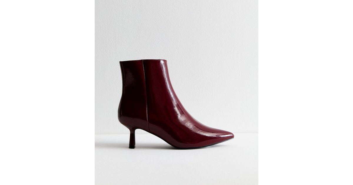 Burgundy PU Kitten Heel Pointed Toe Ankle Boots | New Look