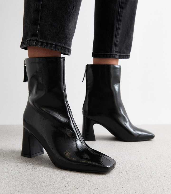 Wide Fit Black Leather-Look Heel Ankle Boots | New Look