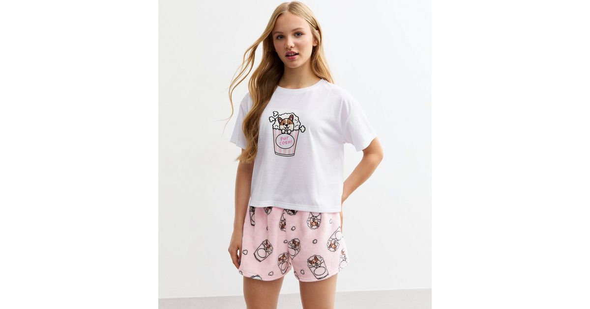 Girls White Pupcorn Print Fleece Short Pyjama Set | New Look