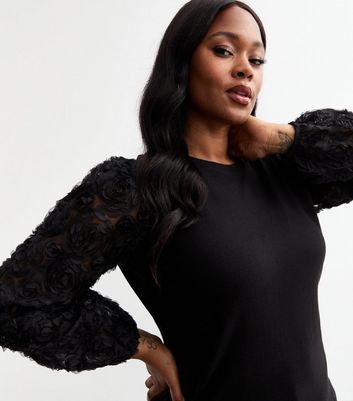 Curves Black Rose Sleeve Fine Knit Top | New Look